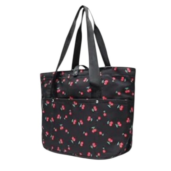 Bags | Cherry Pattern Black Nylon Tote Bag Nwot | Poshmark